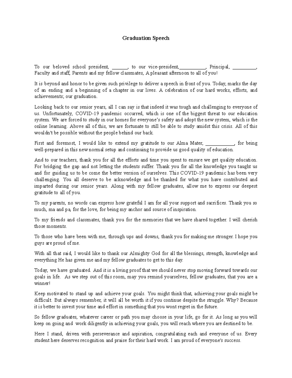 Graduation Speech Sample - Graduation Speech To our beloved school ...
