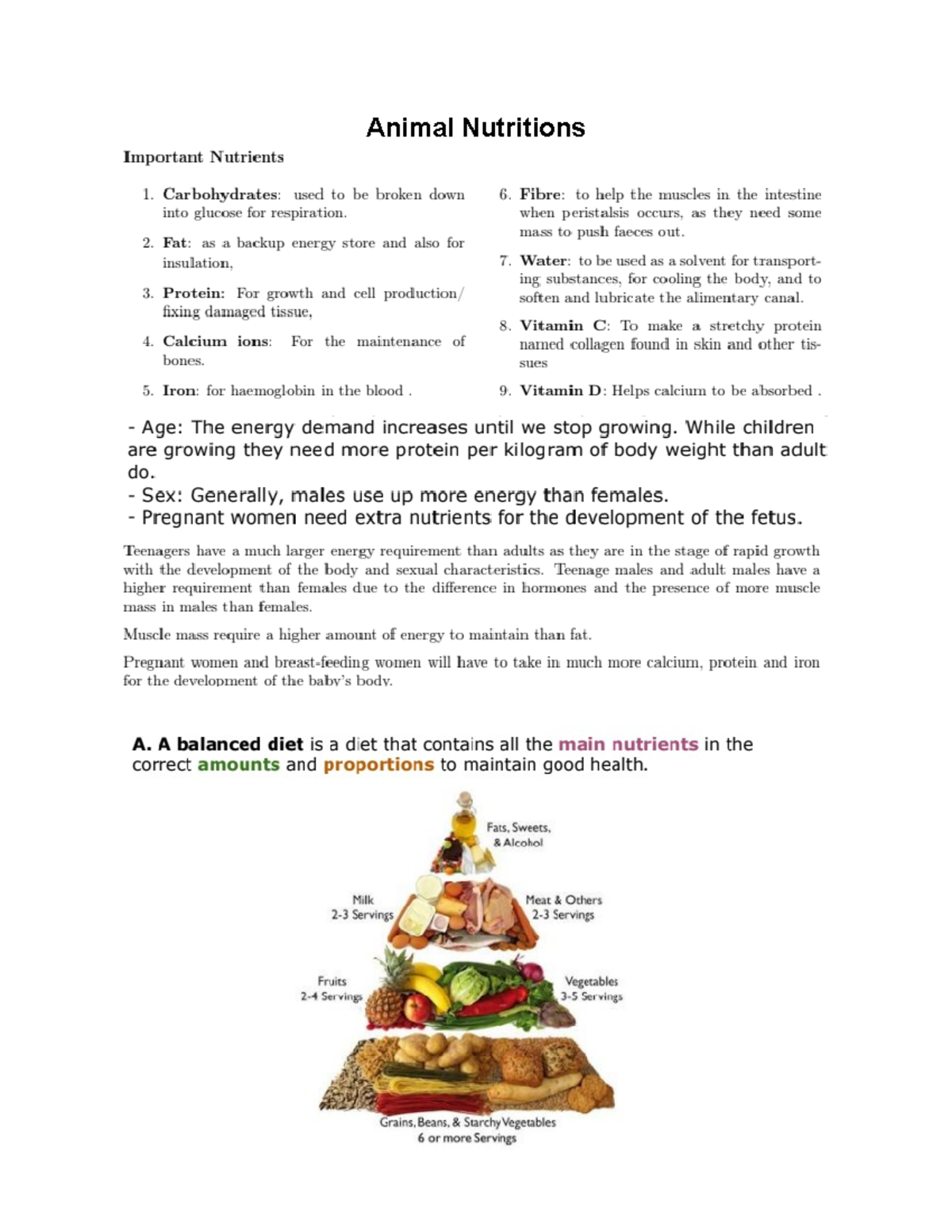 Animal Nutritions - Notes - Animal Nutritions Important Nutrients 1 ...