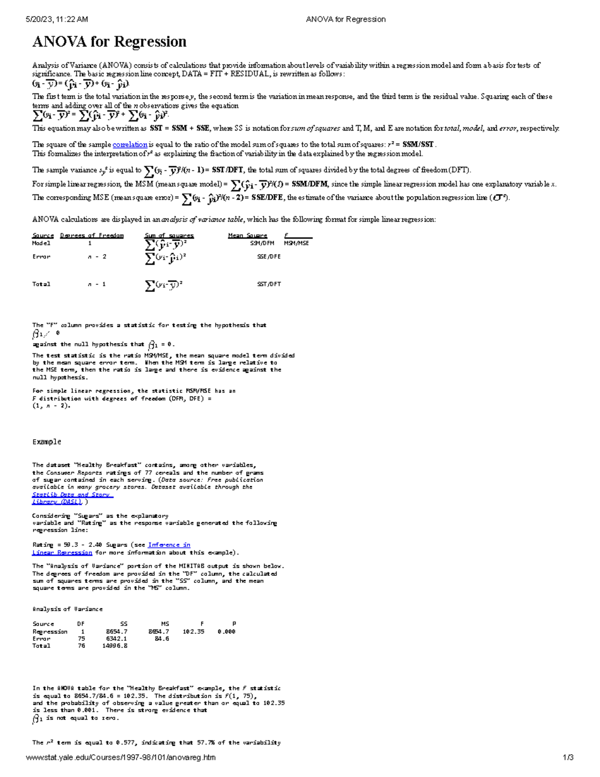 Anova for Regression - Supplemental Lecture material - 5/20/23, 11:22 AM ANOVA for Regression ...
