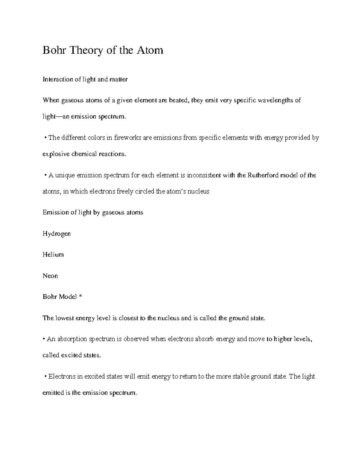 Bohr Theory of the Atom - Bohr Theory of the Atom Interaction of light ...