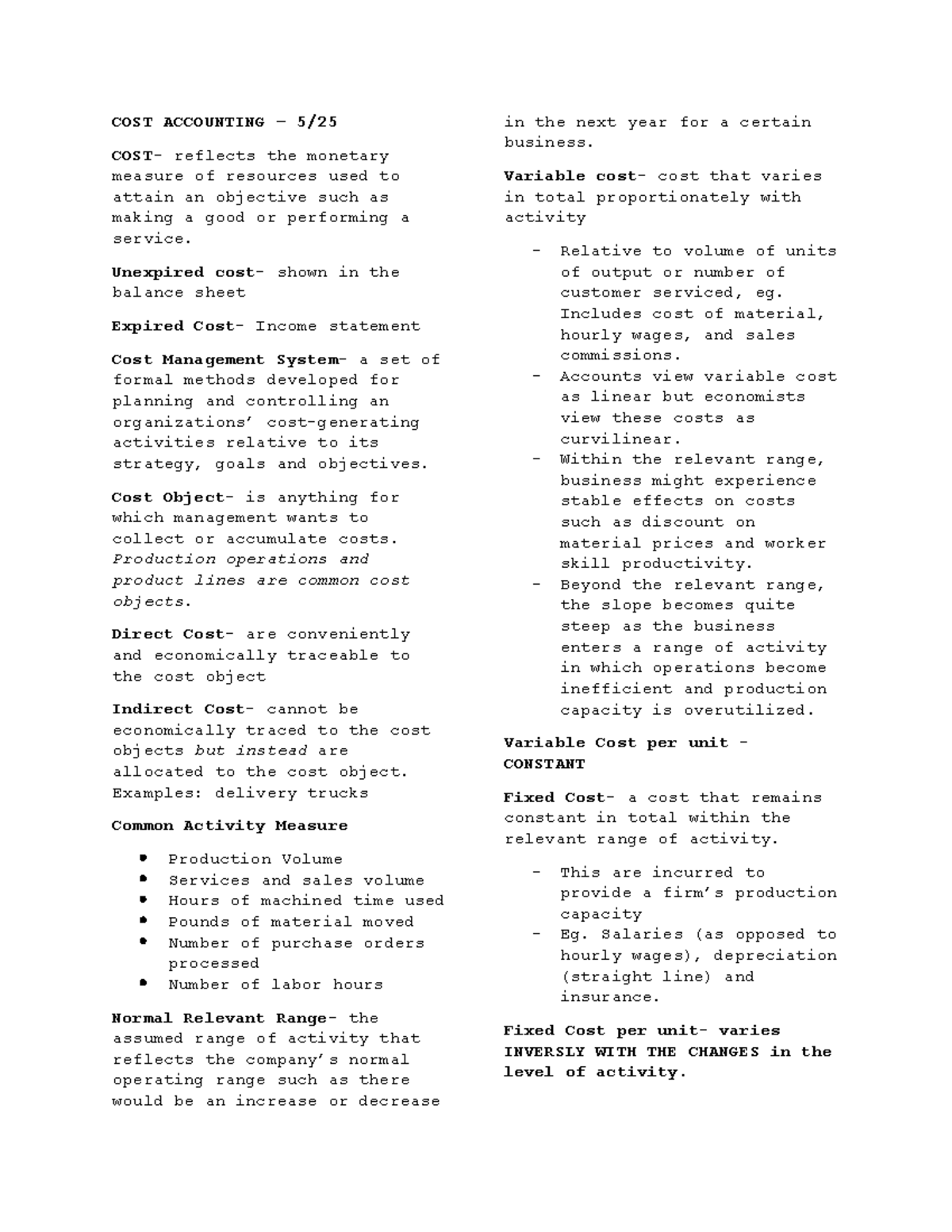COST Accounting - reviewer - COST ACCOUNTING – 5/ COST- reflects the ...