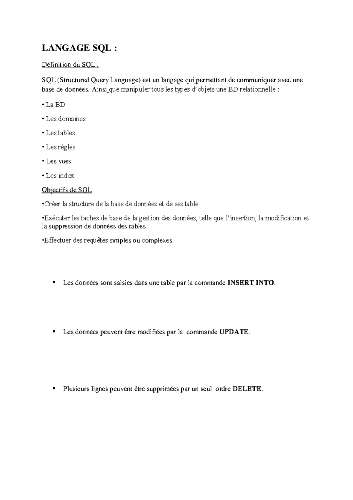 Informatique sofia - LANGAGE SQL : Définition du SQL : SQL (Structured ...