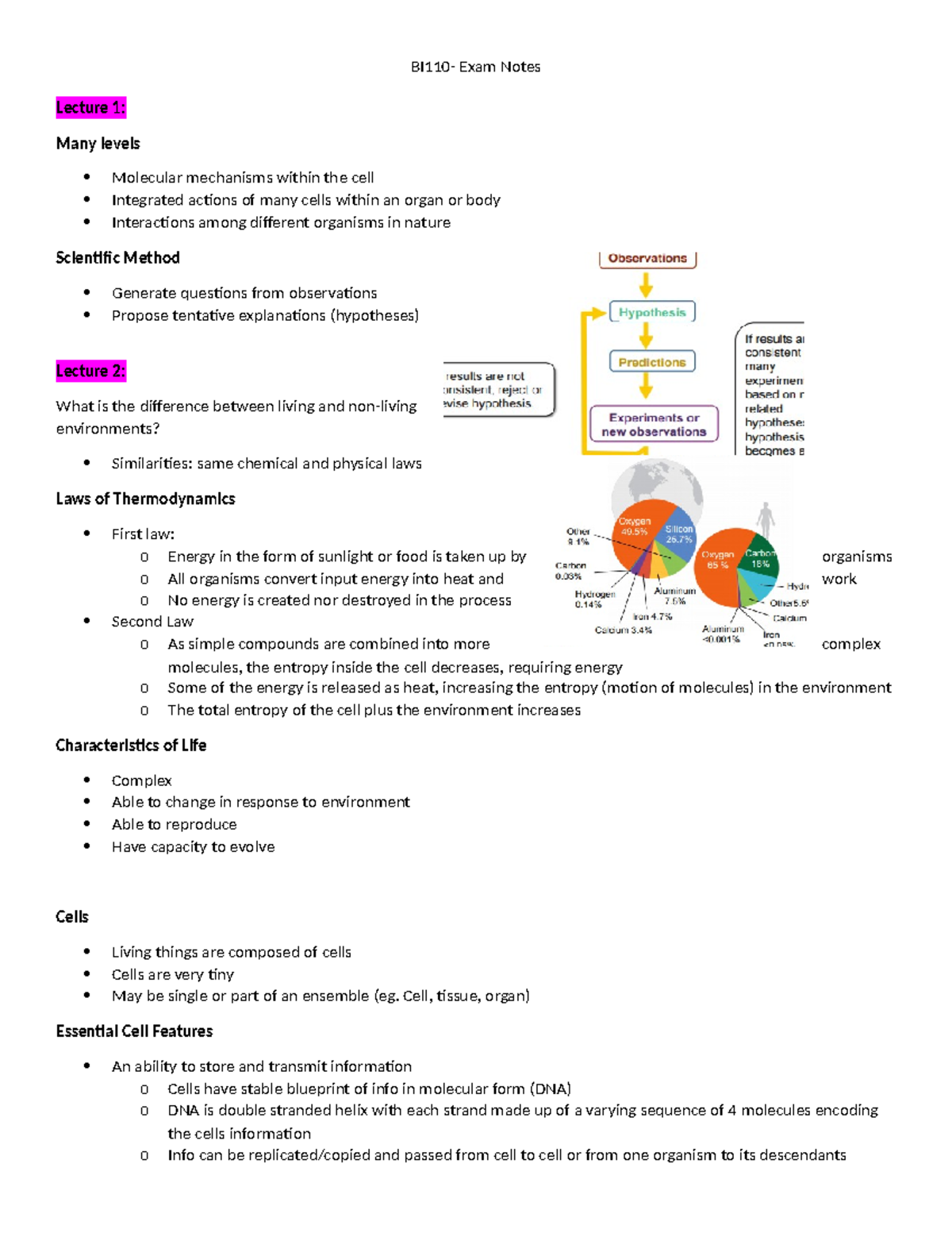 BI110 - exam notes #2 - Lecture 1: Many levels Molecular mechanisms ...