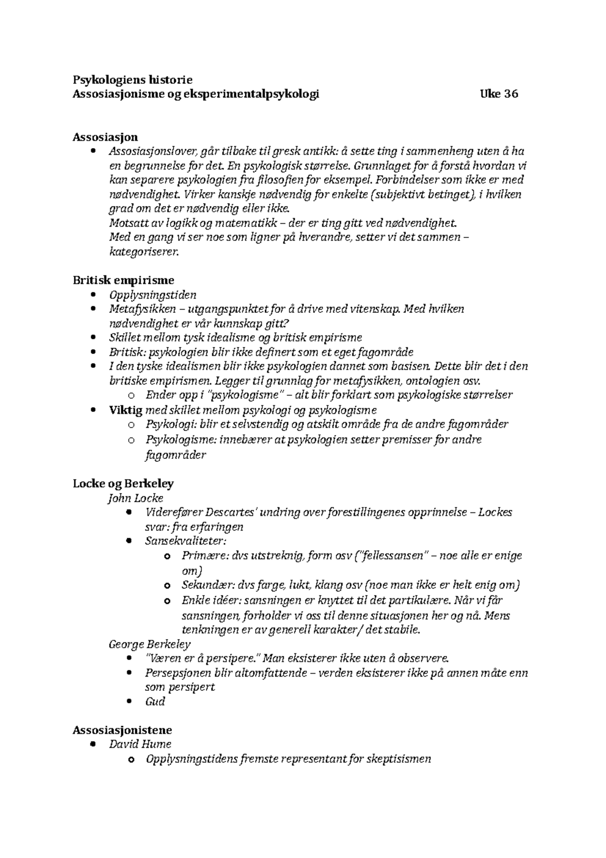 Assosiasjonisme og eksperimentalpsykologi - Psykologiens historie Assosiasjonisme og - Studocu