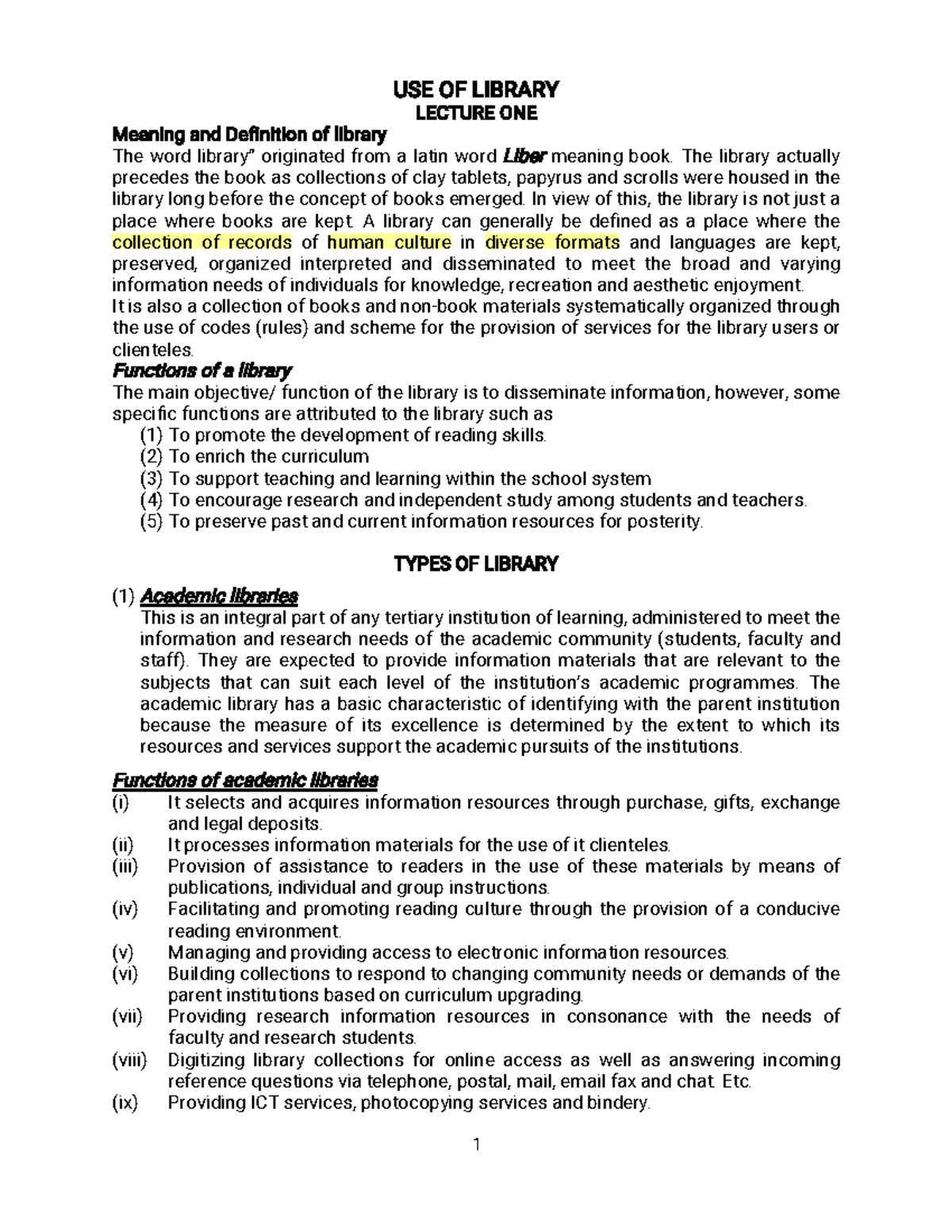 Library lecture MOST Recent - USE OF LIBRARY LECTURE ONE Meaning and ...