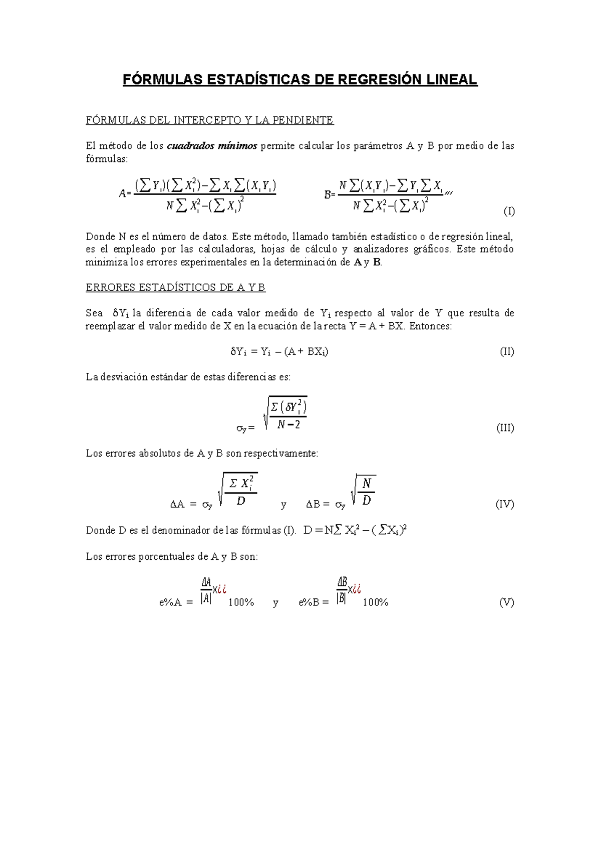 Formulas de minimos cuadrados - FÓRMULAS ESTADÍSTICAS DE REGRESIÓN ...