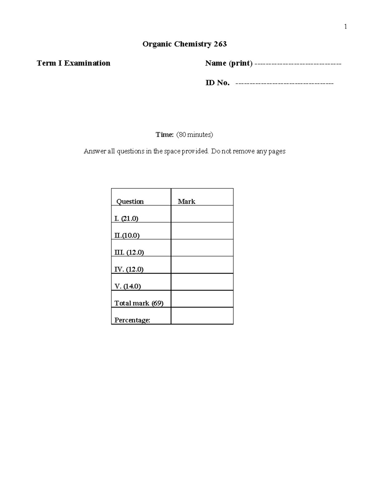 263 Term -I practice exam - Organic Chemistry 263 Term I Examination ...