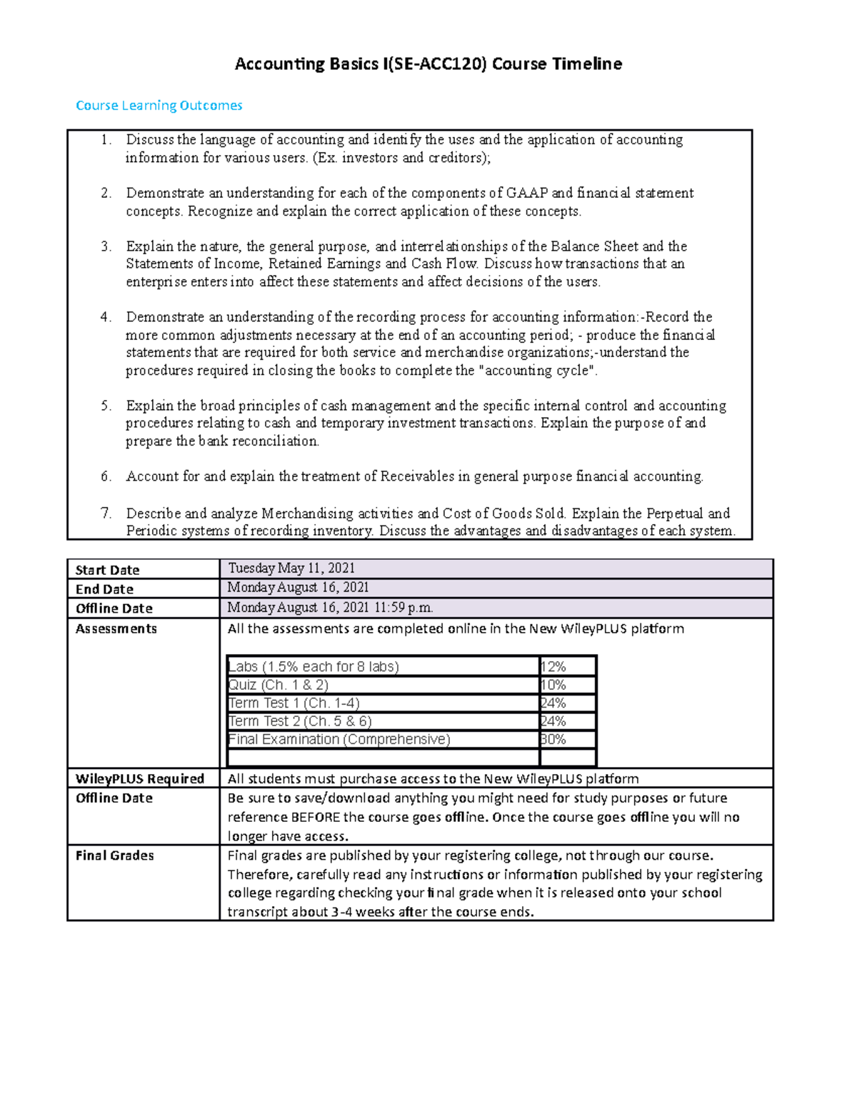 ACC120 Timeline Fall 2021 Course Timeline - Section 3 - ACCT-112 ...