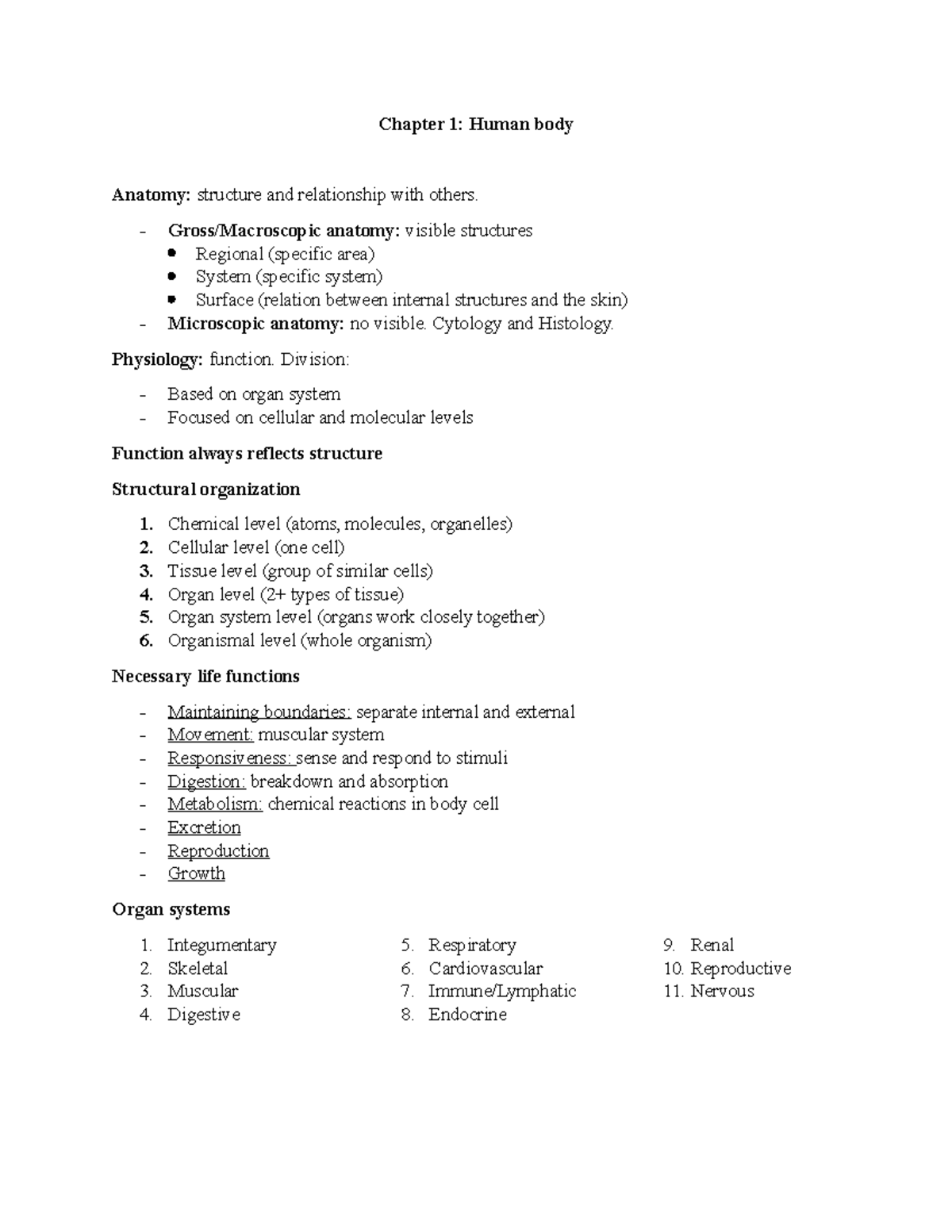 Chapter 1 - Human body - Chapter 1: Human body Anatomy: structure and ...