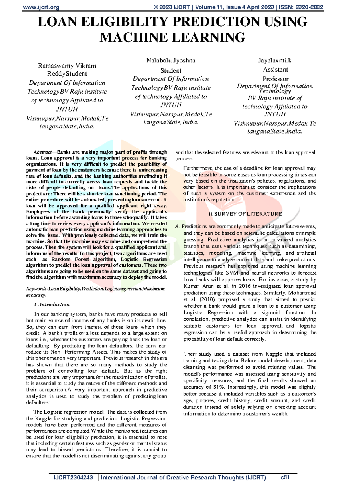 Loan Prediction using Machine Learning Resource 1 - ijcrt © 2023 IJCRT ...