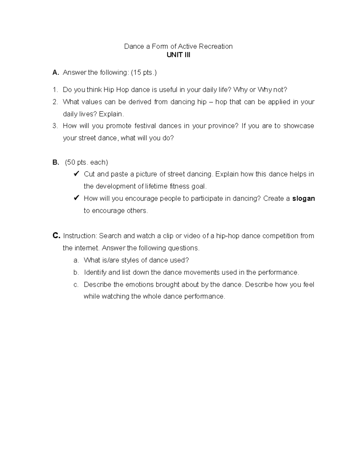PE Activity (UNIT III) - Dance a Form of Active Recreation UNIT III A ...