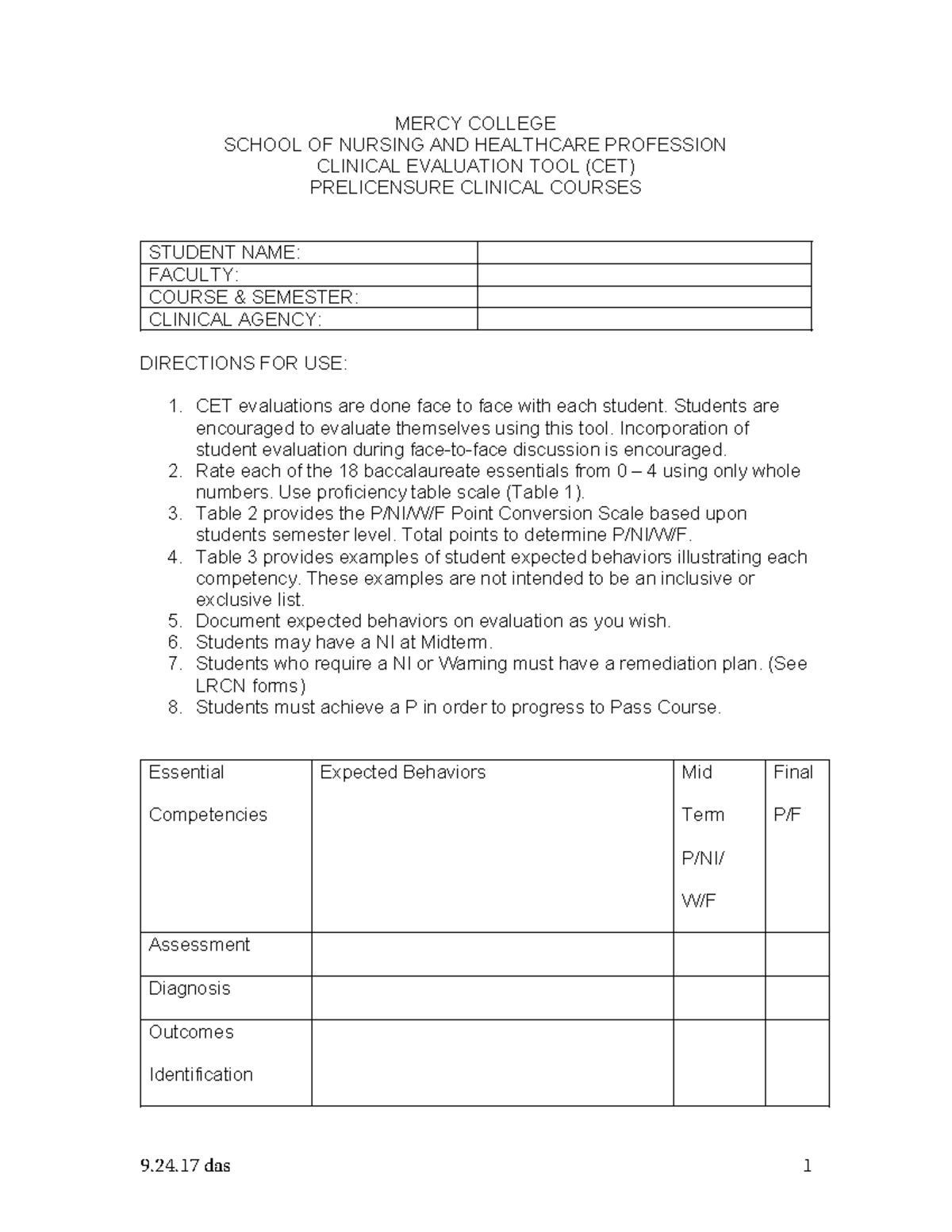 Clinical Evaluation Tool CET.9.24.22 - MERCY COLLEGE SCHOOL OF NURSING AND HEALTHCARE PROFESSION ...
