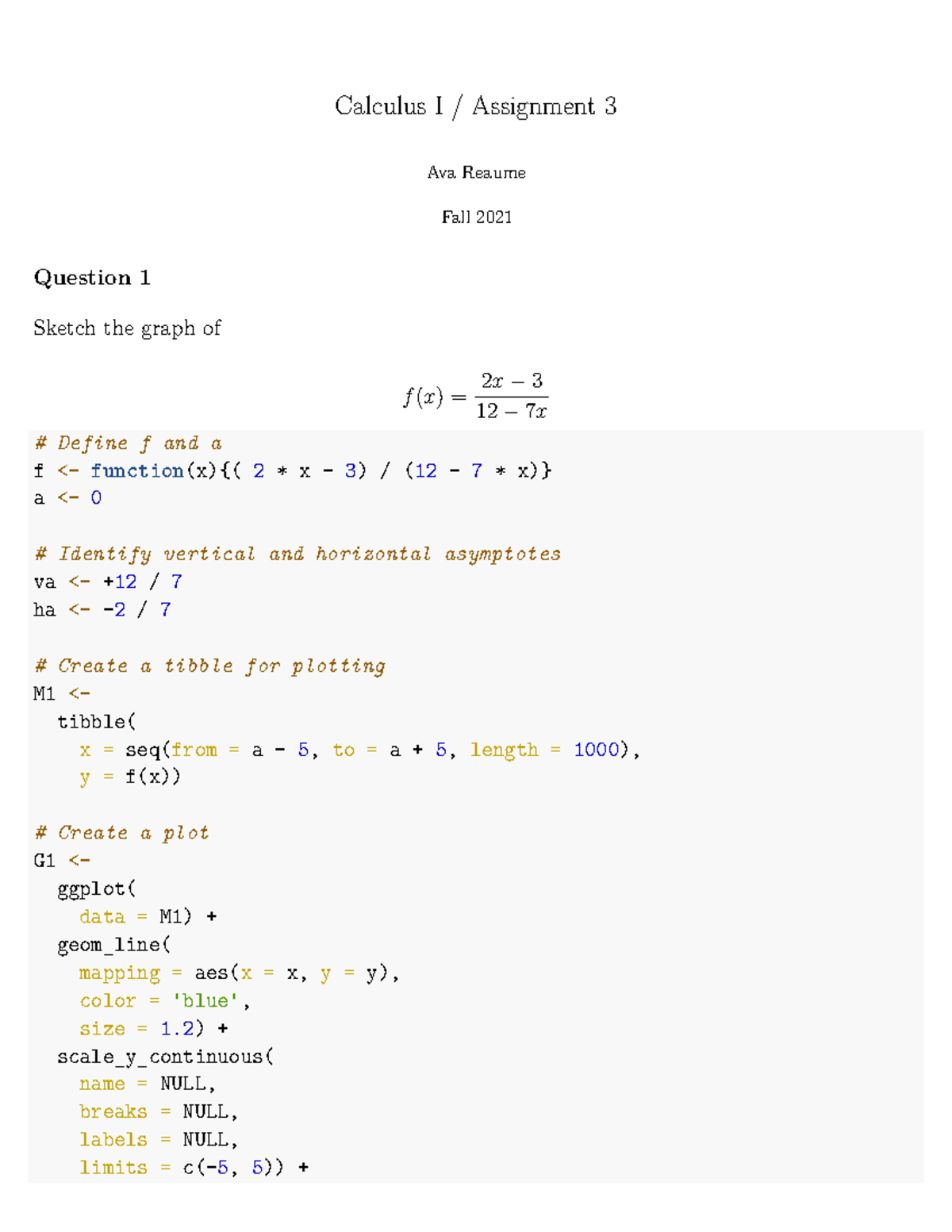 Assignment 3 Ava Reaume Calculus I Assignment 3 Ava Reaume Fall 2021 Question 1 Sketch The
