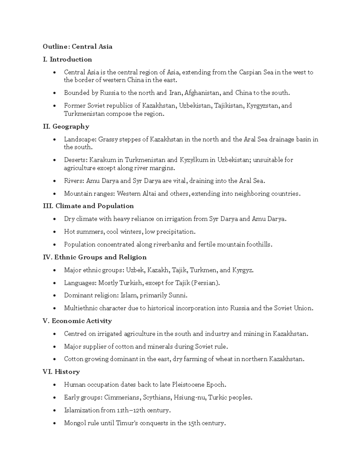 Central Asia Overview Notes - Outline: Central Asia I. Introduction ...