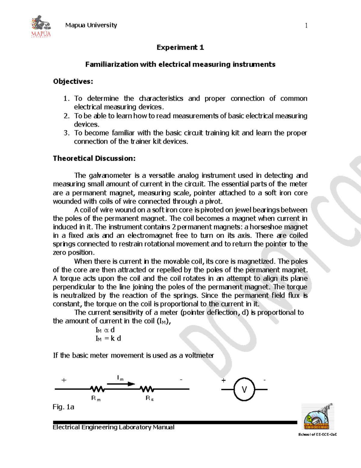 EEA101 L-labmanual - Electrical Engineering Laboratory Manual 1 Experiment 1 Familiarization ...