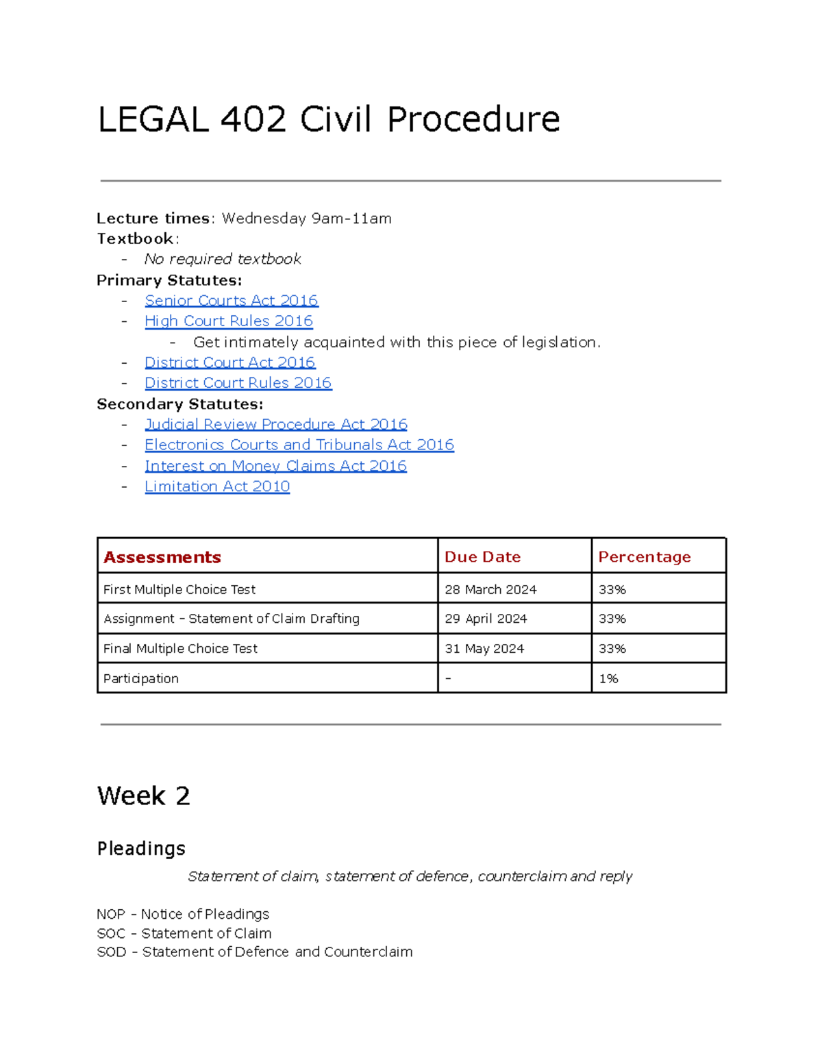 W2 06 03 2024 - LEGAL 402 Civil Procedure Lecture times: Wednesday 9am ...