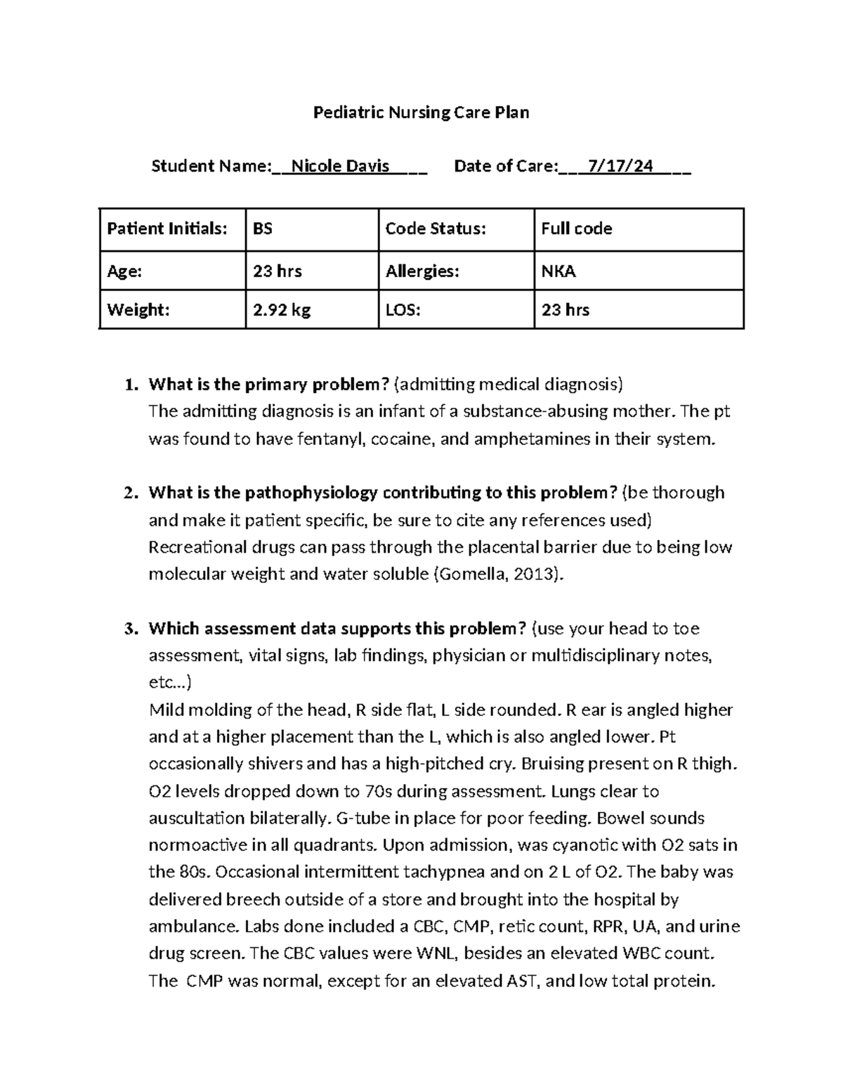 Pediatric Care Plan - Pediatric Nursing Care Plan Student Name:Nicole ...