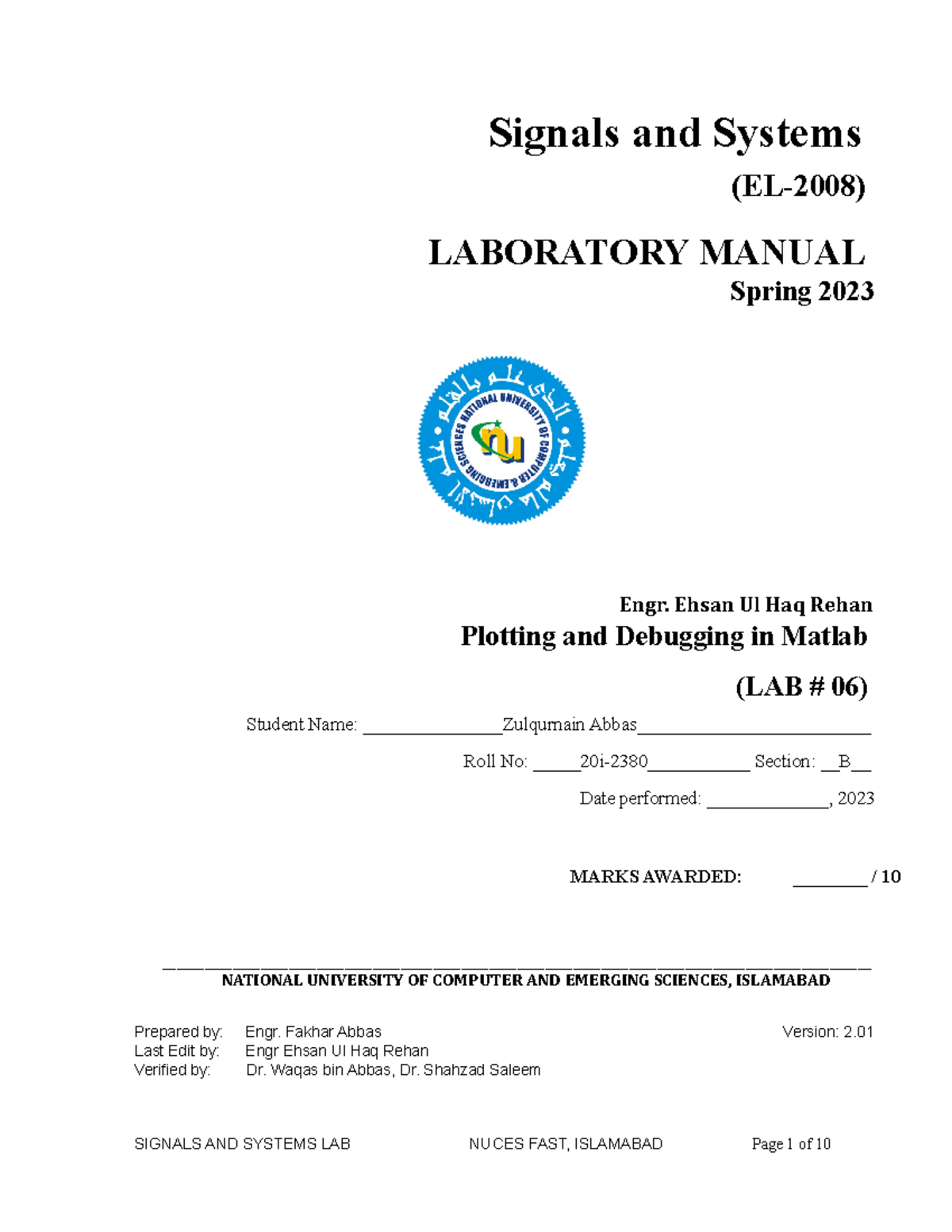 Todays nlab 06 - yes - Signals and Systems (EL-2008) LABORATORY MANUAL Spring 2023 Engr. Ehsan ...
