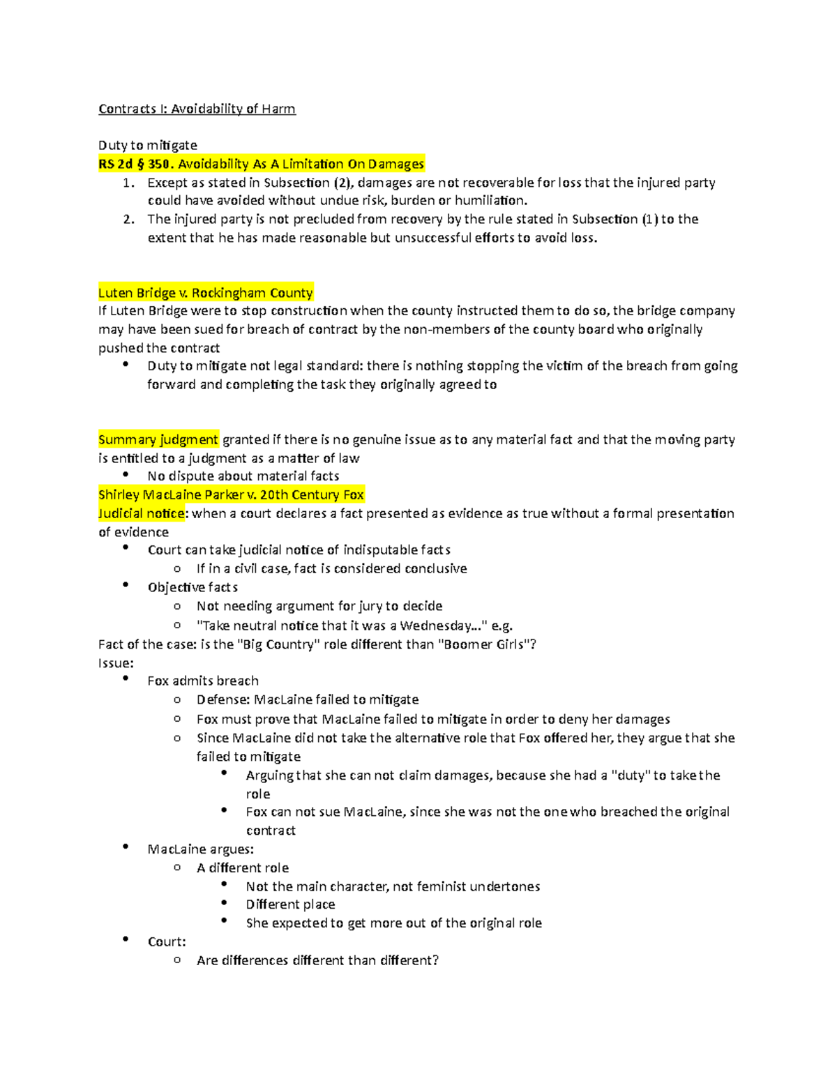 Contracts I- Avoidability of Harm - Avoidability As A Limitation On ...