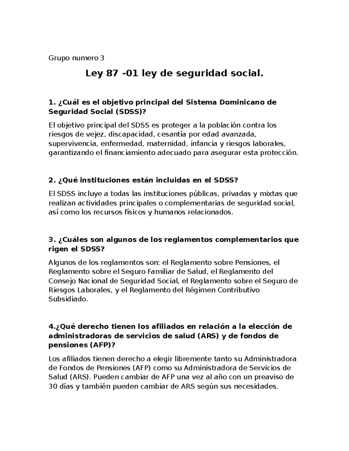 Preguntas de exposicion Ley 87-01 - Grupo numero 3 Ley 87 -01 ley de ...