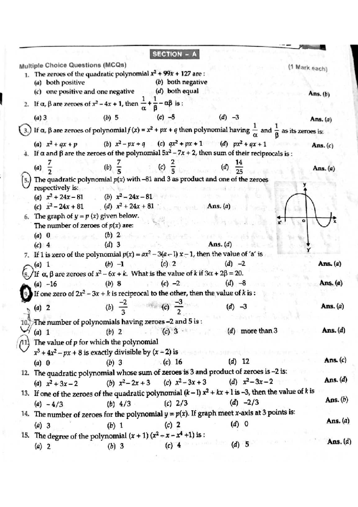 10th Polynomials Worksheet 1, 22-23 - SECTION A Multiple Choice ...