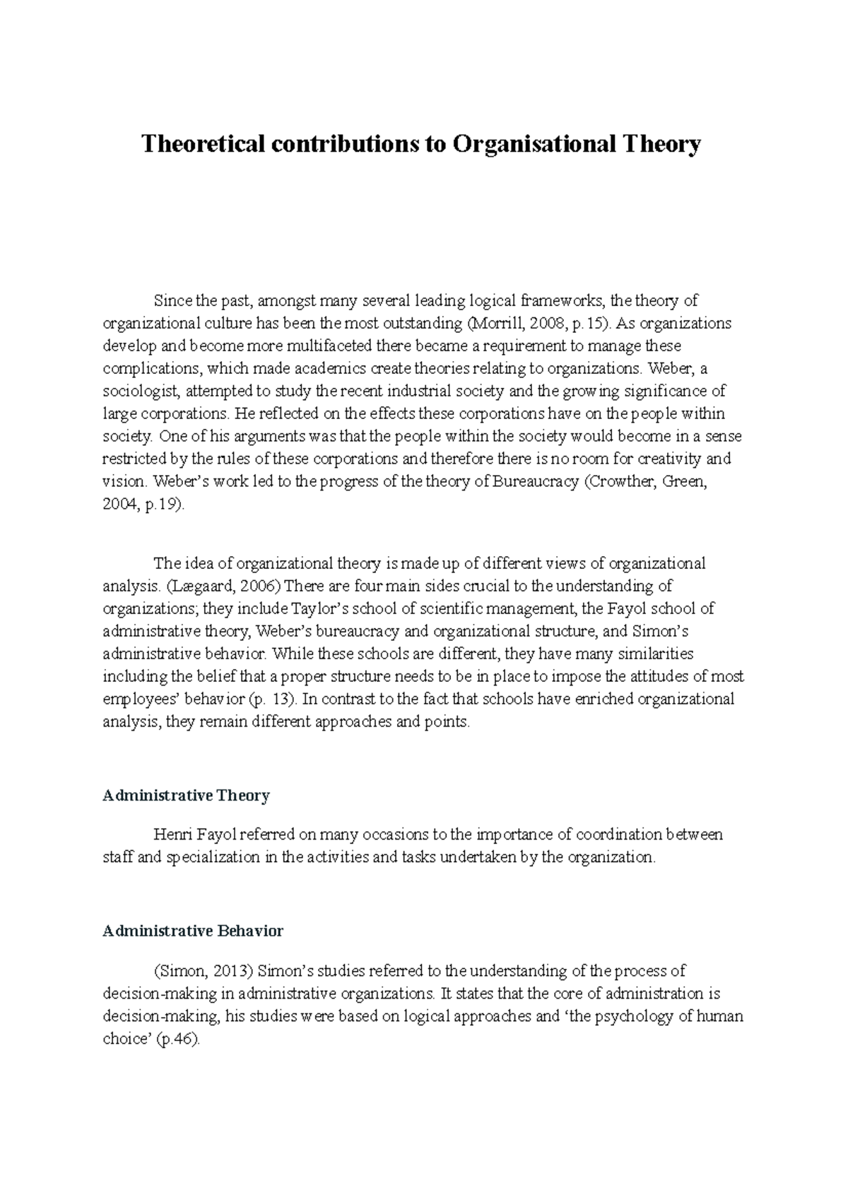 Written Assignment 1 - Theoretical contributions to Organisational ...