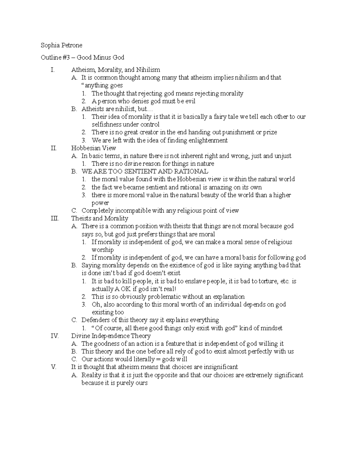 Outline #3 phil - Sophia Petrone Outline #3 – Good Minus God I. Atheism ...
