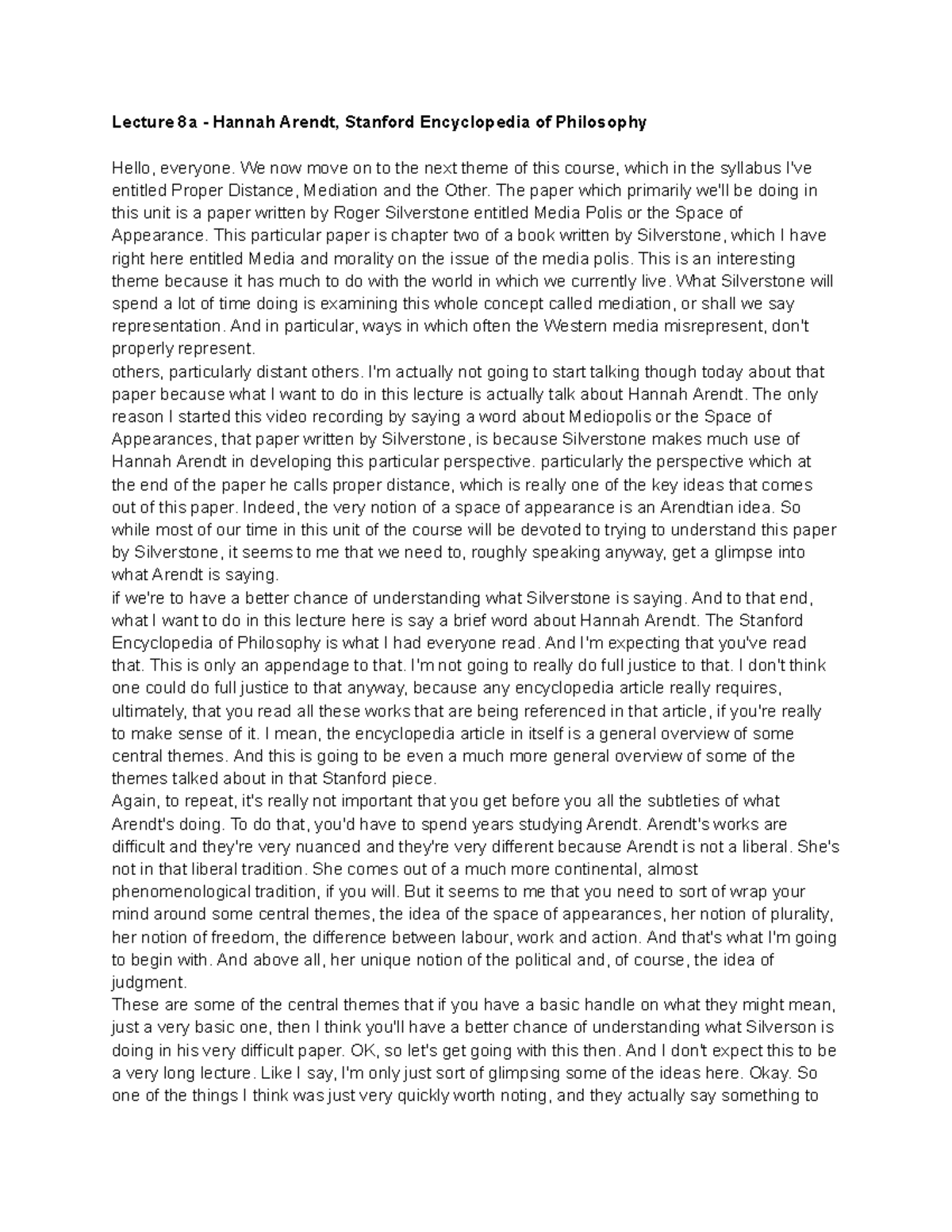 PHIL Lecture 8 - Transcript - Lecture 8a - Hannah Arendt, Stanford Encyclopedia of Philosophy ...