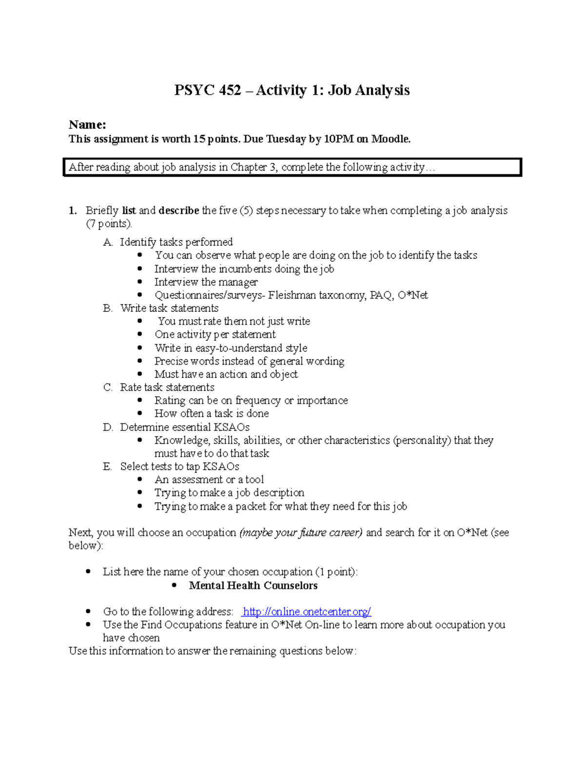 PSYC 452 Activity 1 - Job Analysis Summer - PSYC 452 Activity 1: Job ...