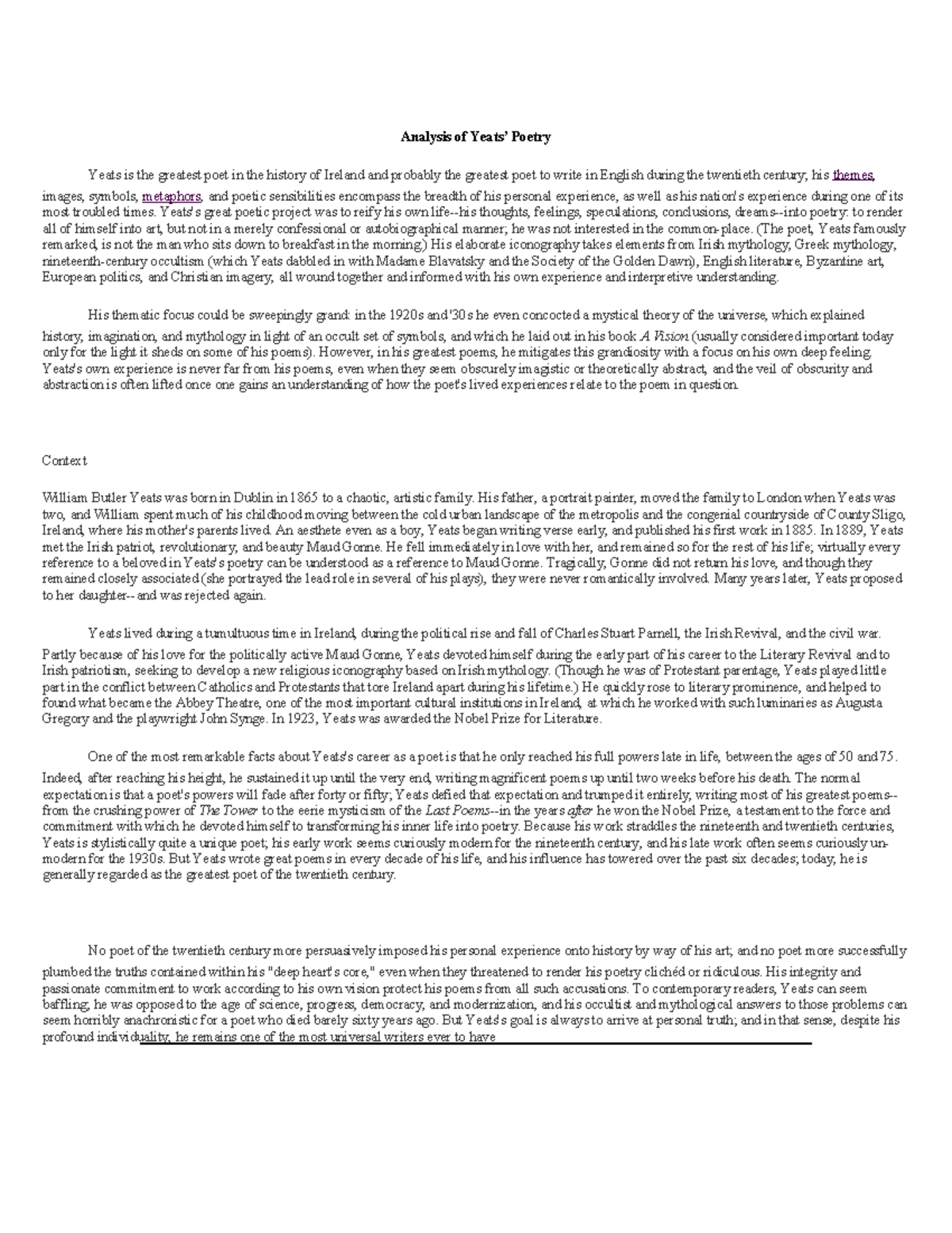 Yeats Summary - Context - Analysis of Yeats’ Poetry Yeats is the ...