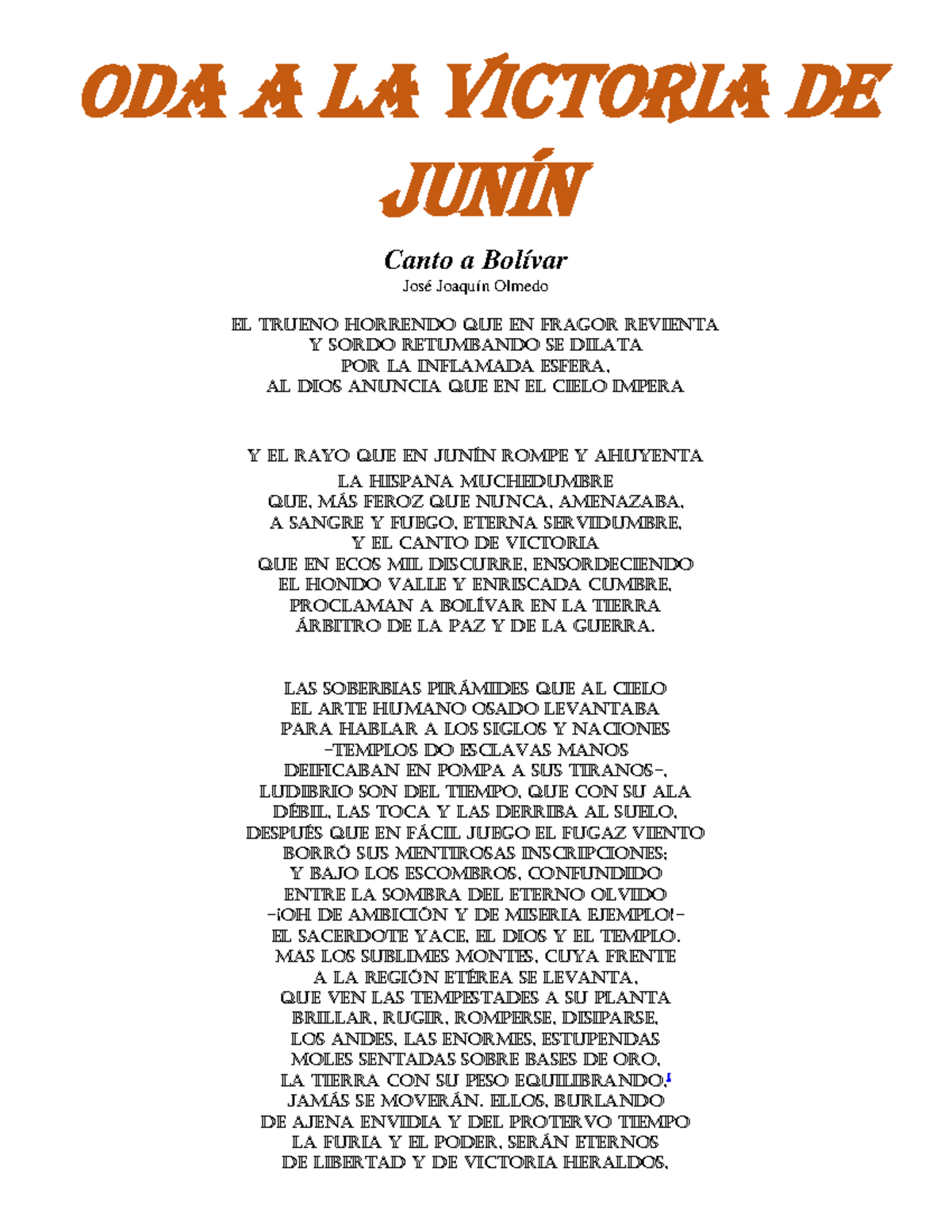 Oda a La victoria de Junín - Oda a La victoria de JunÌn Canto a Bolívar ...