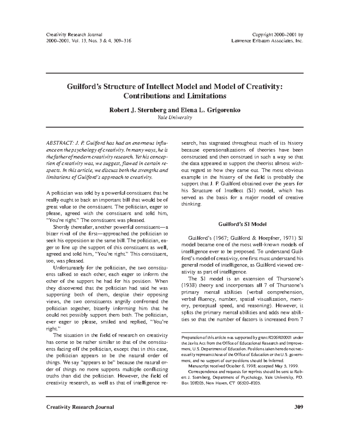 Guilford’s Structure of Intellect Model and Model of Creativity - J ...