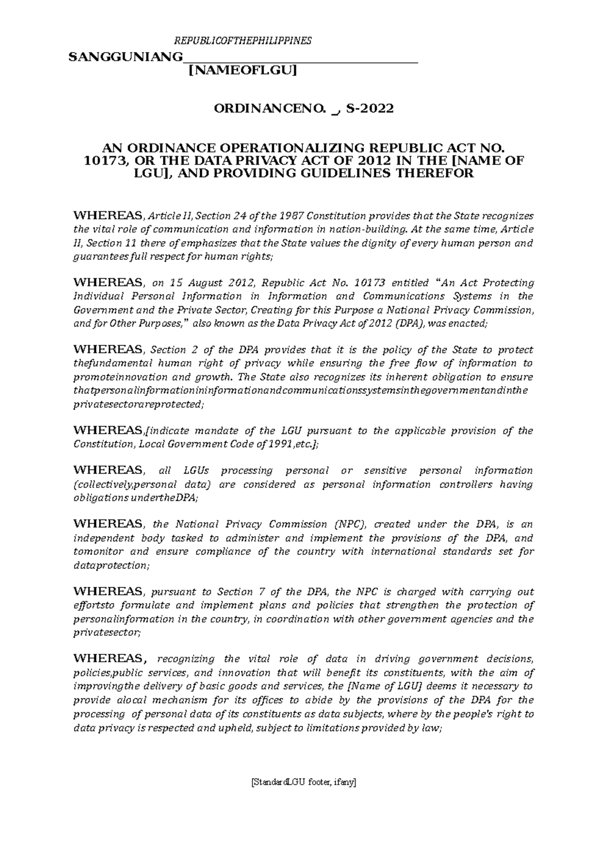 Sample Ordinance Data Privacy Act - REPUBLICOFTHEPHILIPPINES ...