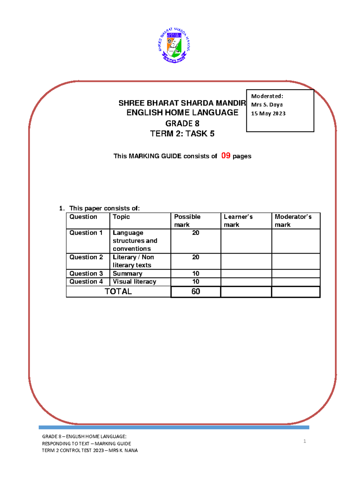 Grade 8 English HL Term 2 control test 2023 MEMO - GRADE 8 – ENGLISH ...