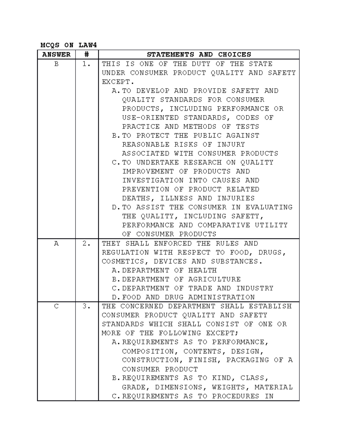 MCQ ON LAW - MCQ ON LAW - MCQS ON LAW ANSWER#STATEMENTS AND CHOICES B 1 ...