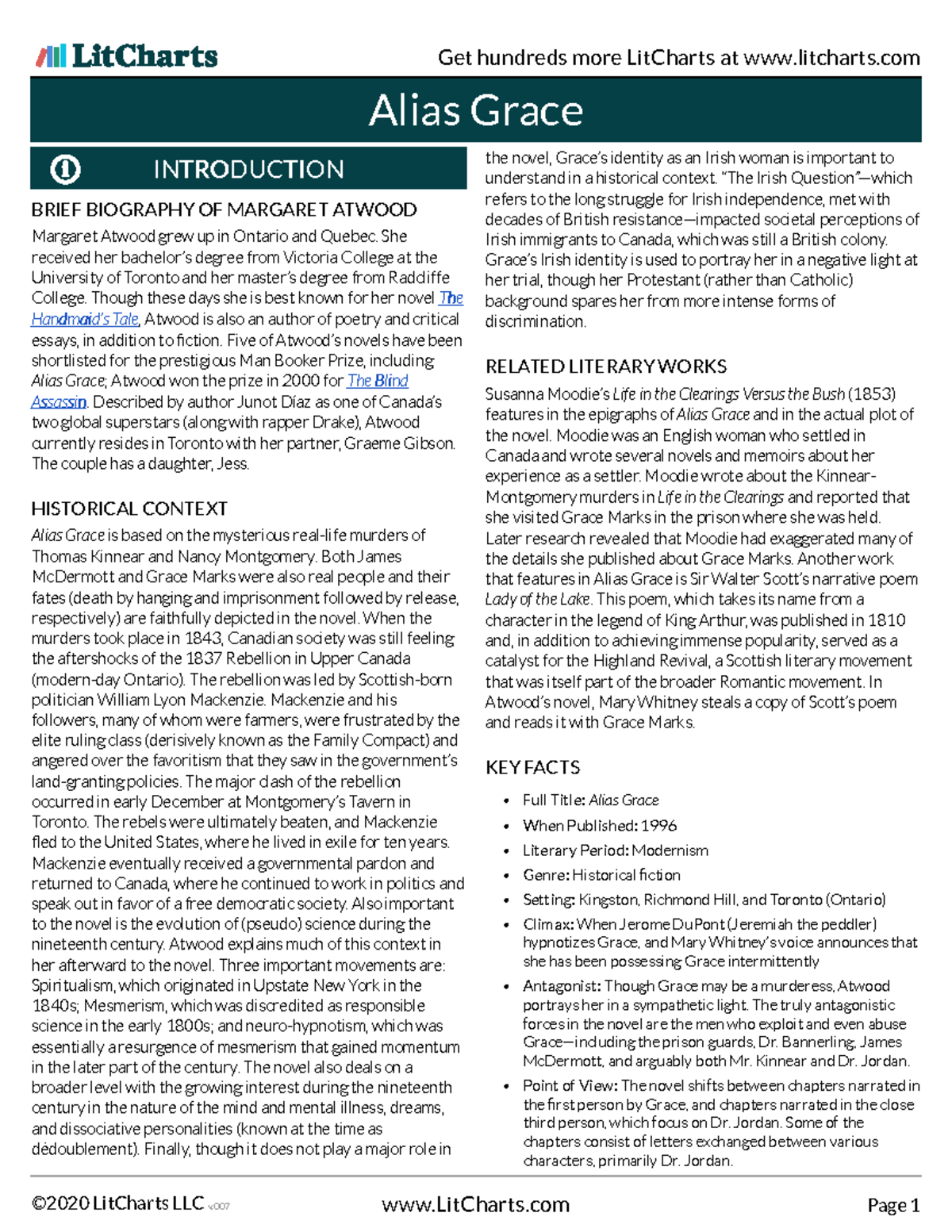 Alias-Grace-Lit Chart - Alias Grace BRIEF BIOGRAPHY OF MARGARET ATWOOD ...