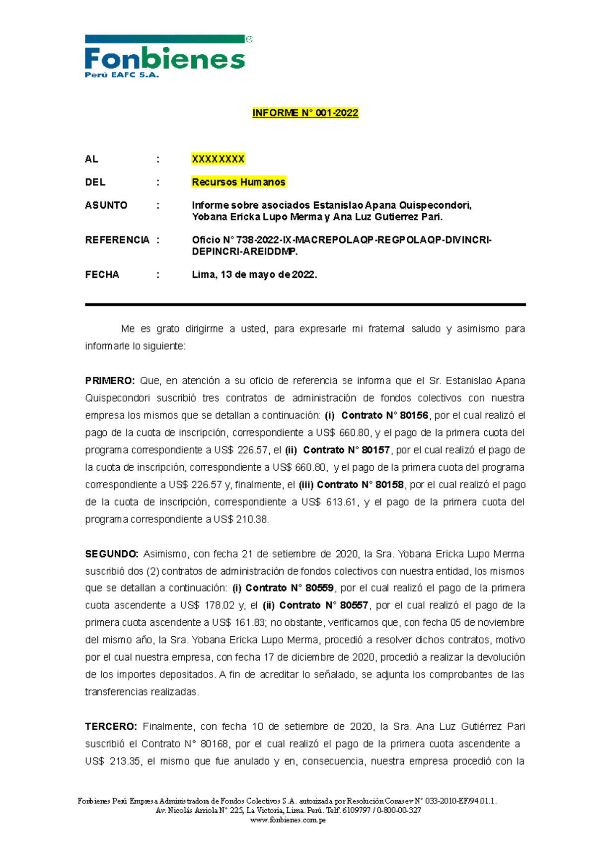 Informe - Lupo Merma y otros - Fonbienes Perú Empresa Administradora de ...