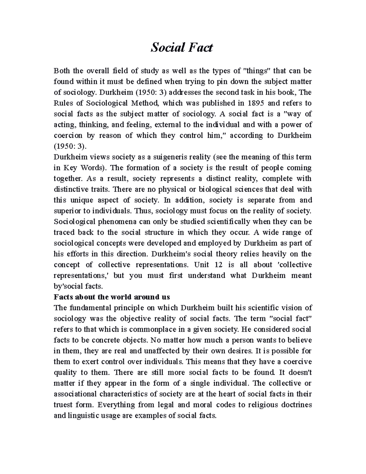 Social Fact notes - Social Fact Both the overall field of study as well ...