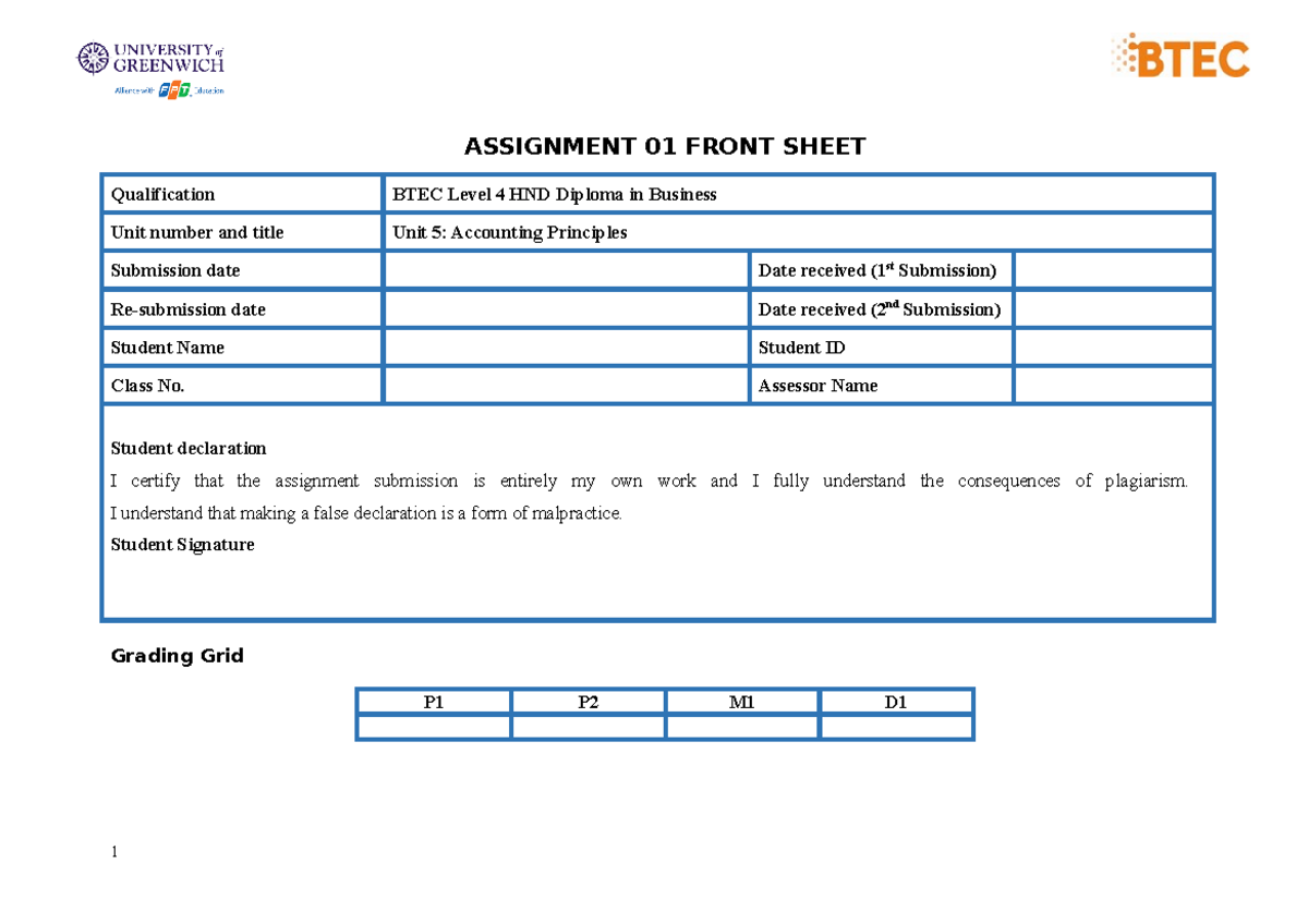5038 Assignment 1 Front Sheet - ASSIGNMENT 01 FRONT SHEET Qualification BTEC Level 4 HND Diploma ...