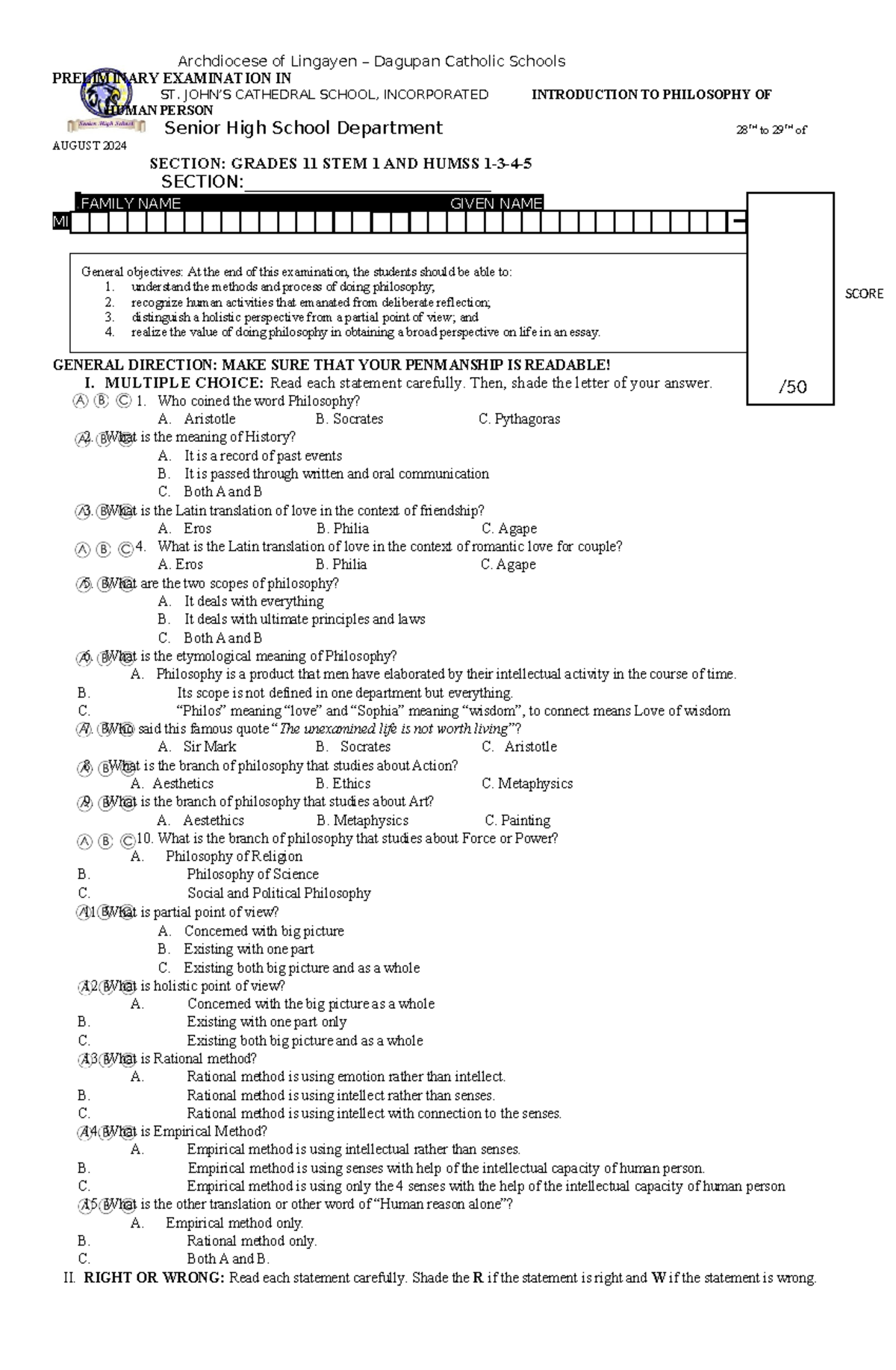 IPHP Prelim EXAM Draft 1 - Archdiocese of Lingayen – Dagupan Catholic ...