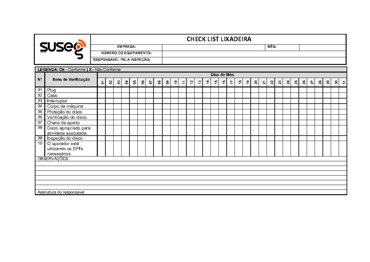 Checklist-lixadeira - Check list - CHECK LIST LIXADEIRA EMPRESA: MÊS ...