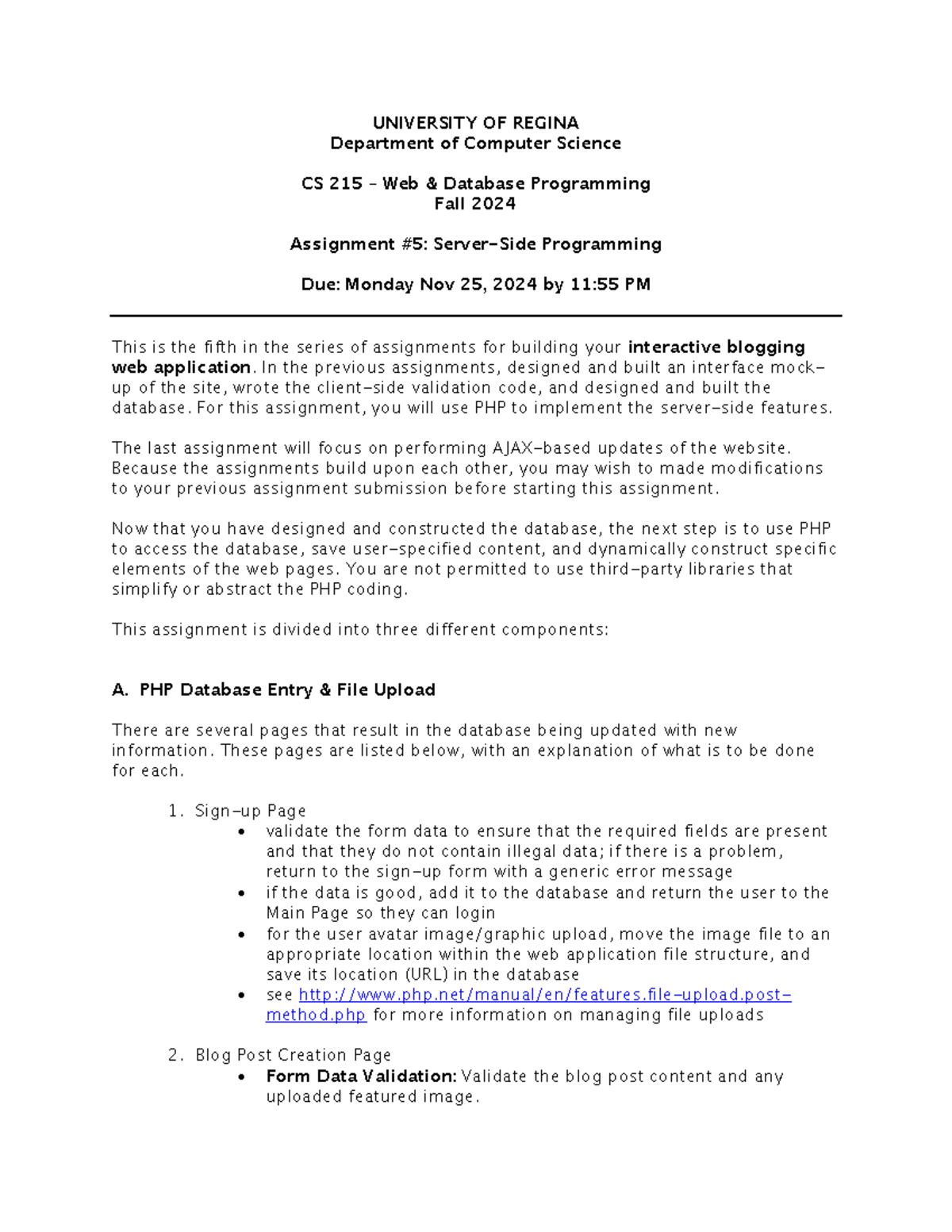 Assignment 5 CS 215 university of regina - UNIVERSITY OF REGINA ...