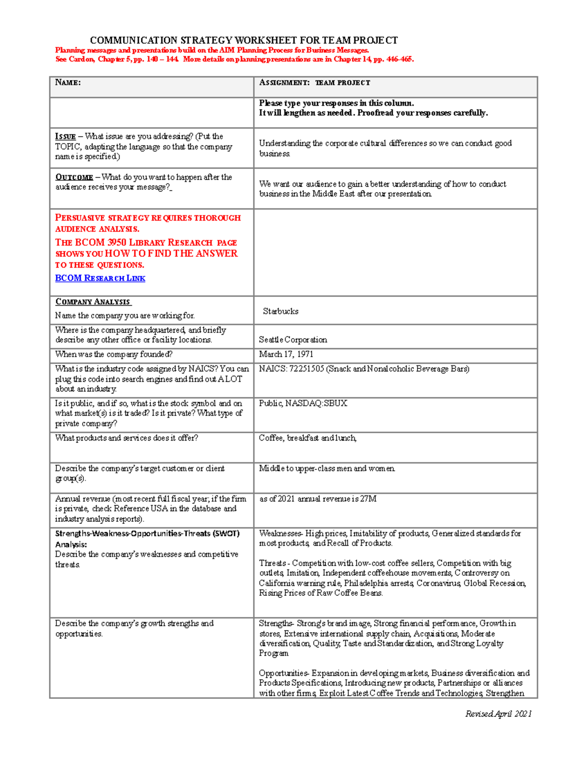 TEAM outline and work cited page - COMMUNICATION STRATEGY WORKSHEET FOR ...