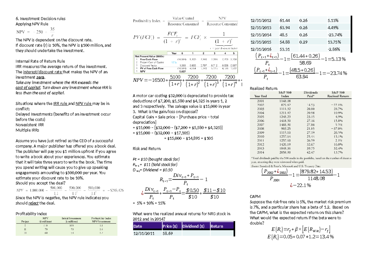 FNCE2000 Notes - 6. Investment Decision rules Applying NPV Rule The NPV ...