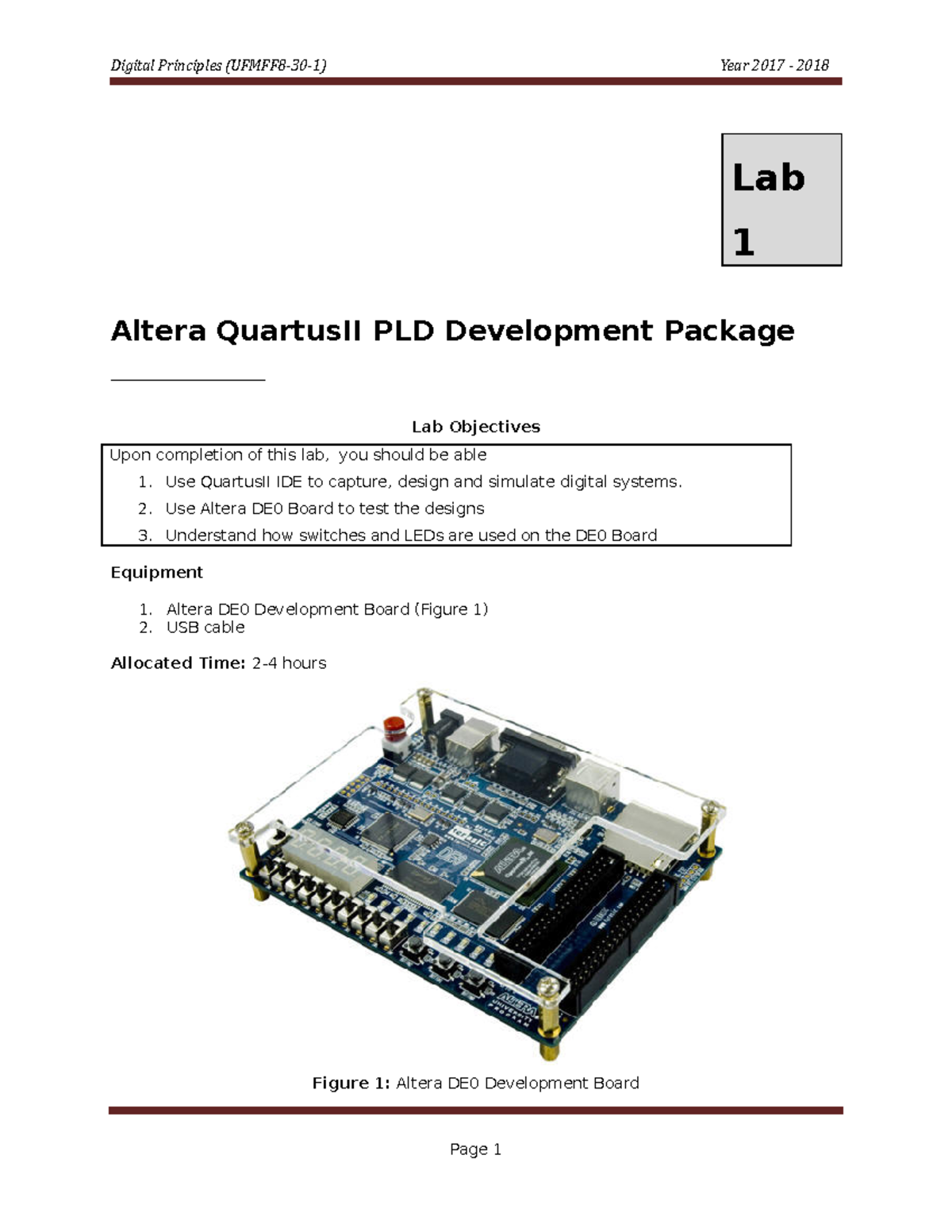 Lab 1 - Introduction to Quartus II - Digital Principles (UFMFF8-30-1) Year 2017 - 2018 Lab 1 ...