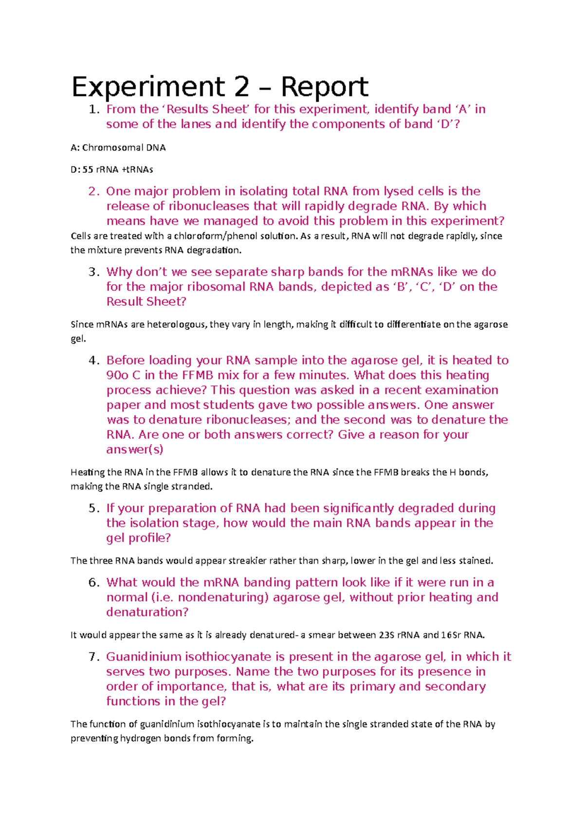 Experiment 2 report - Experiment 2 – Report 1. From the ‘Results Sheet’ for this experiment ...