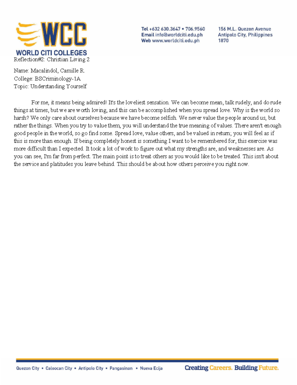CL2 Reflection#2 Macalindol - Reflection#2: Christian Living 2 Name: Macalindol, Camille R ...