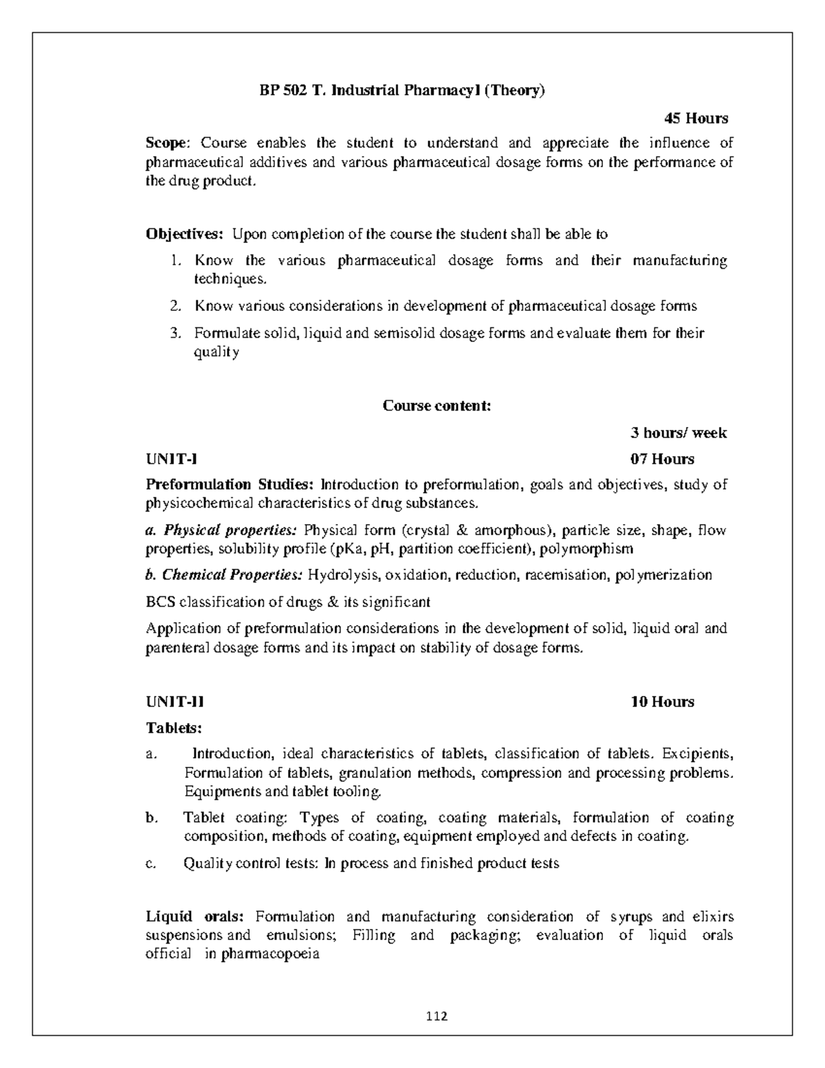 BP502T IP I Syllabus - BP 502 T. Industrial PharmacyI (Theory) 45 Hours ...