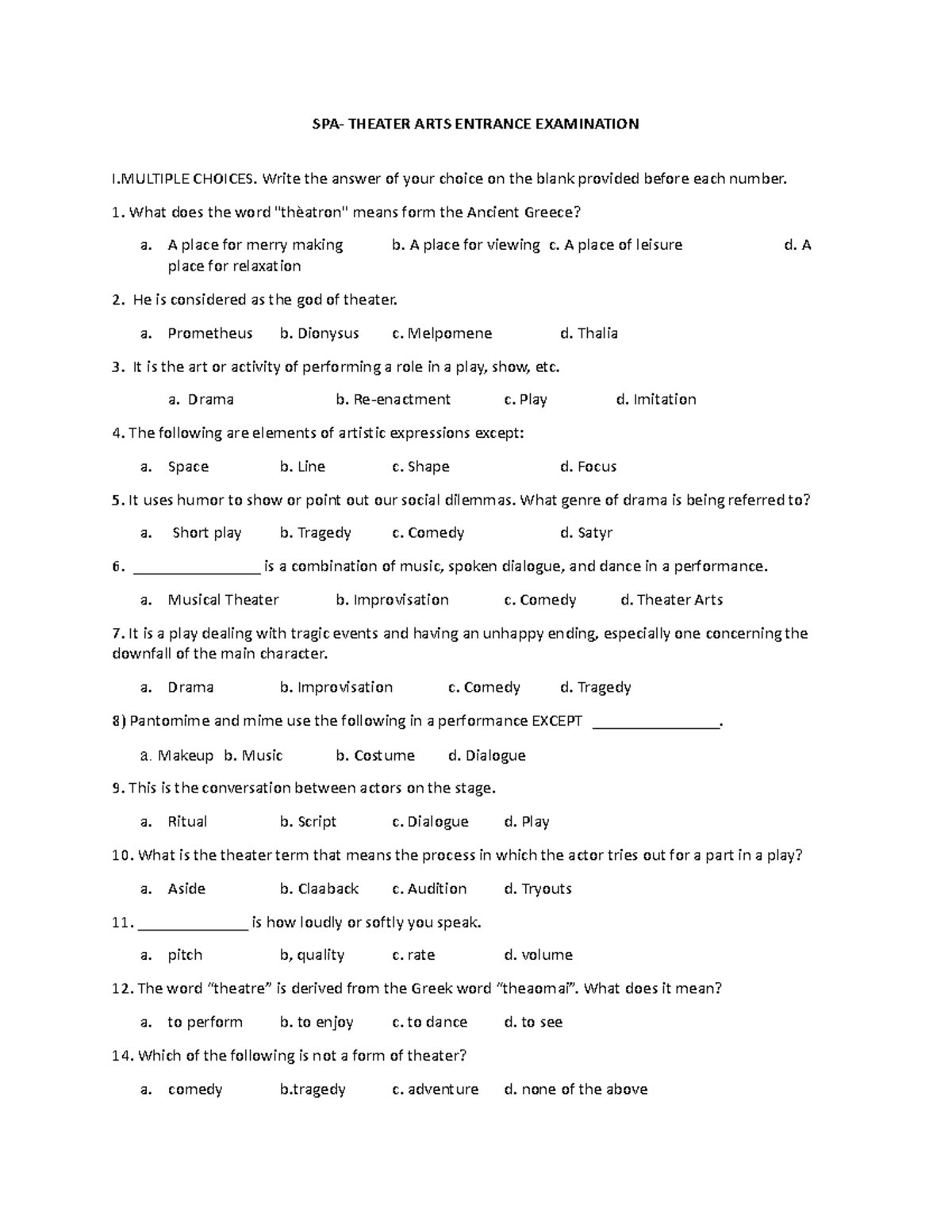 SPA Theater ARTS EXAM - NOTES - SPA- THEATER ARTS ENTRANCE EXAMINATION ...
