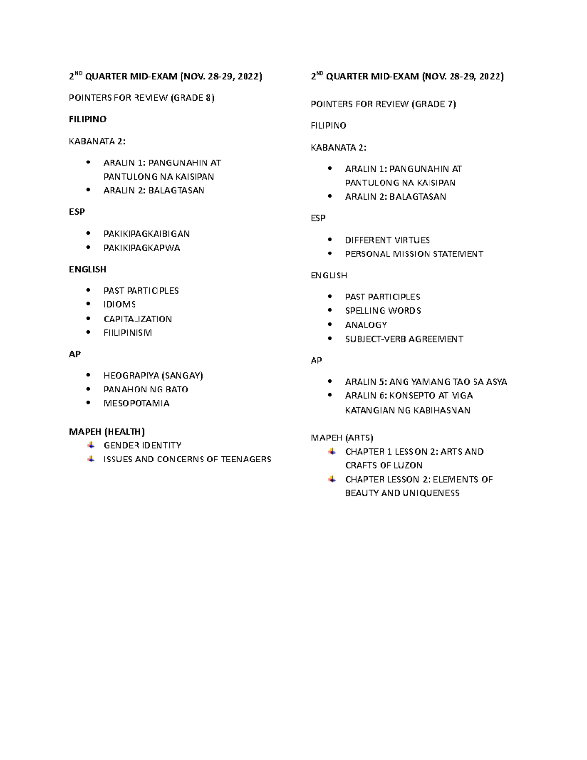 2ND Quarter MID - 2 ND QUARTER MID-EXAM (NOV. 28-29, 2022) POINTERS FOR REVIEW (GRADE 8 ...